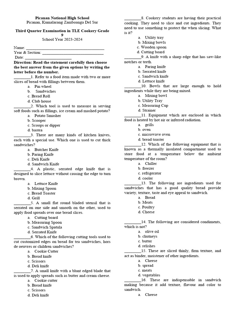 3rd Quarter Exam Tle 9 Cookery | PDF | Sandwich | Breads