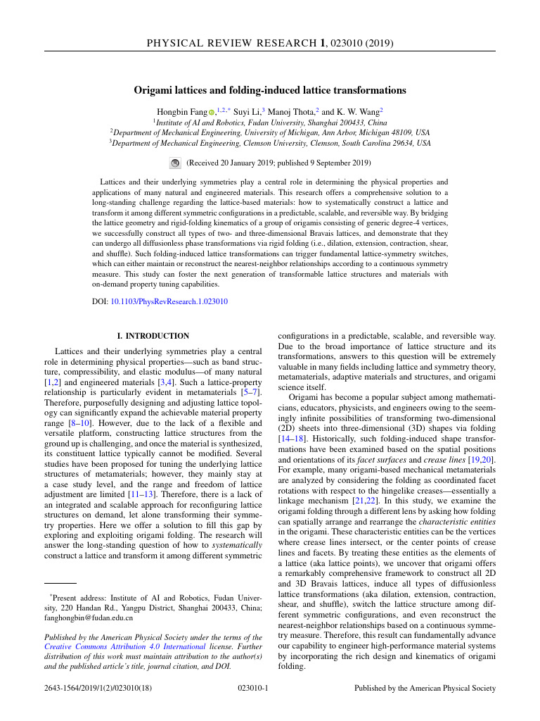 Origami lattices and folding-induced lattice transformations | PDF | Lattice (Group) | Crystal ...