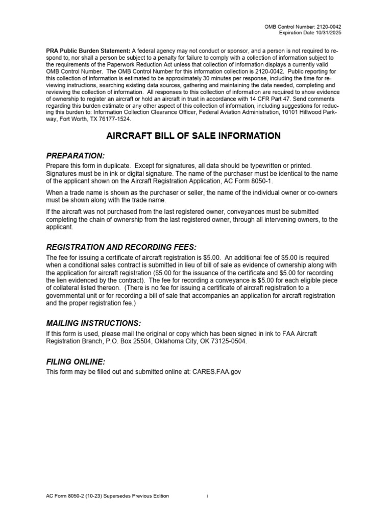 Aircraft Bill of Sale Instructions | PDF | Federal Aviation ...