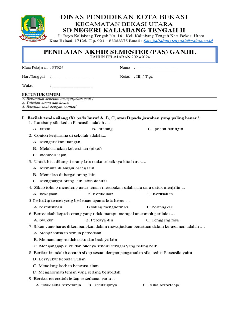 Soal Pas PPKN Kelas 3 Semester 1 | PDF