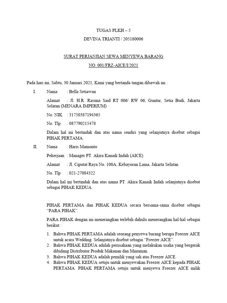 Perjanjian Sewa Freezer AICE | PDF