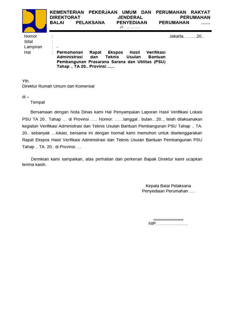 Surat Permohonan Ekspos Usulan Bantuan PSU | PDF