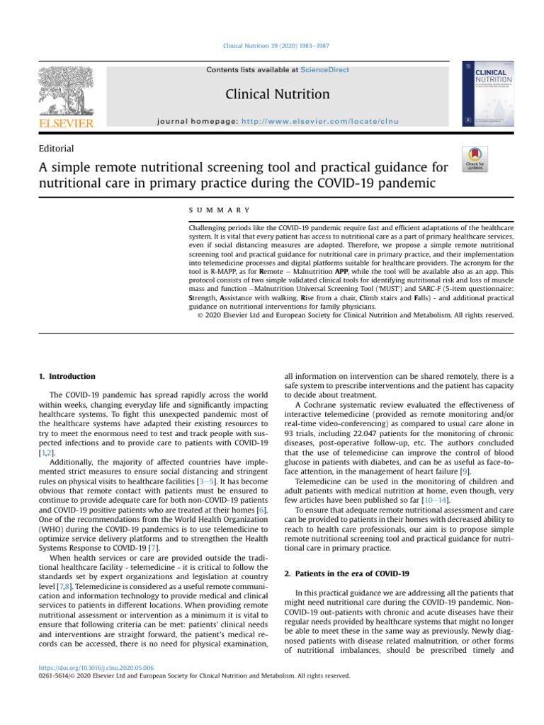 Remote Nutritional Screening Tool for COVID-19 | PDF | Health Care ...