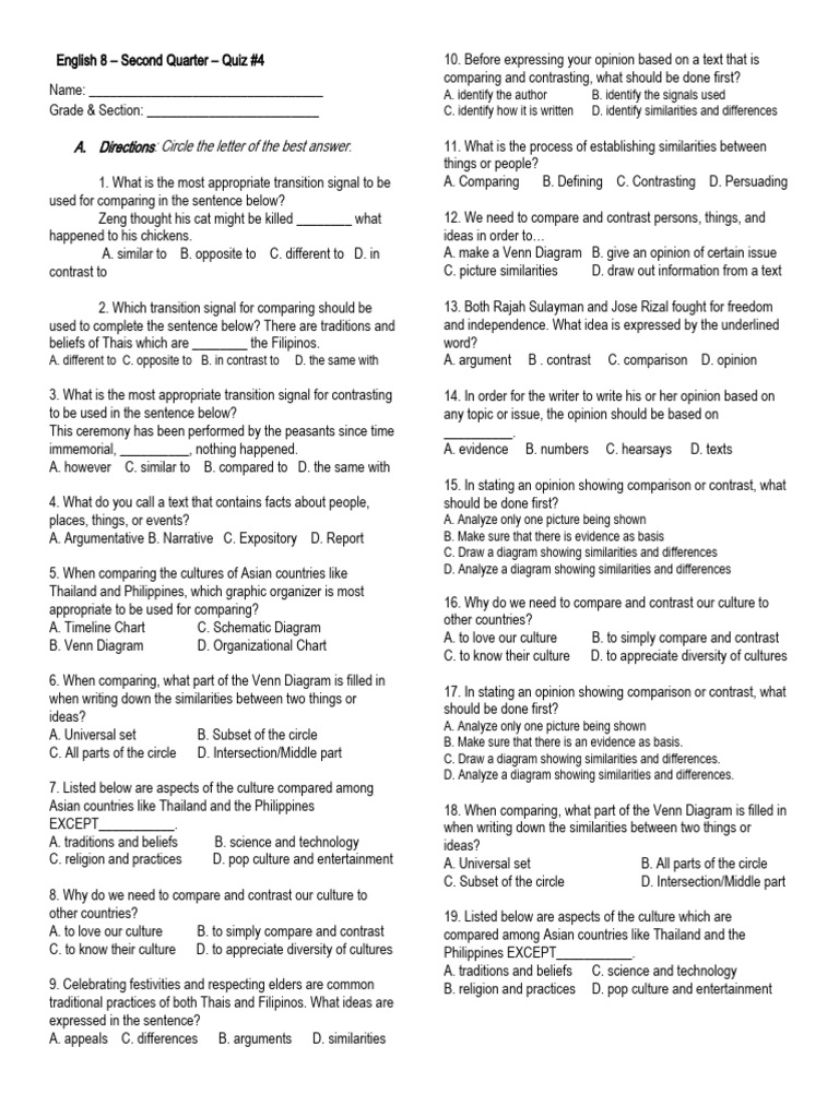 Quarter 2 Quiz #4 - Compare and Contrast Using Own Opinions | PDF