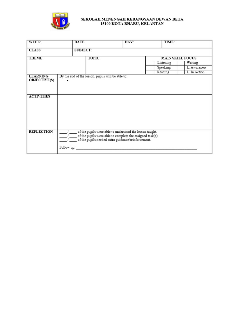 RPH Template Bahasa Inggeris 2023 | PDF | Learning | Behavior Modification
