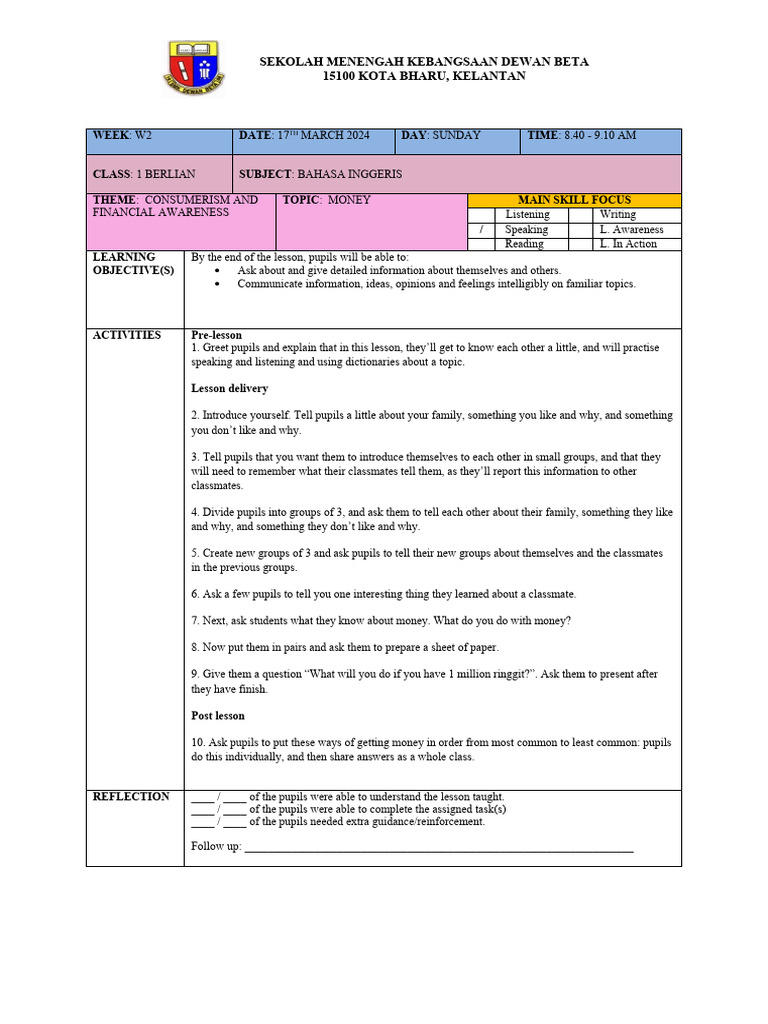Lesson Plan Week 1 | Download Free PDF | Cognition | Learning