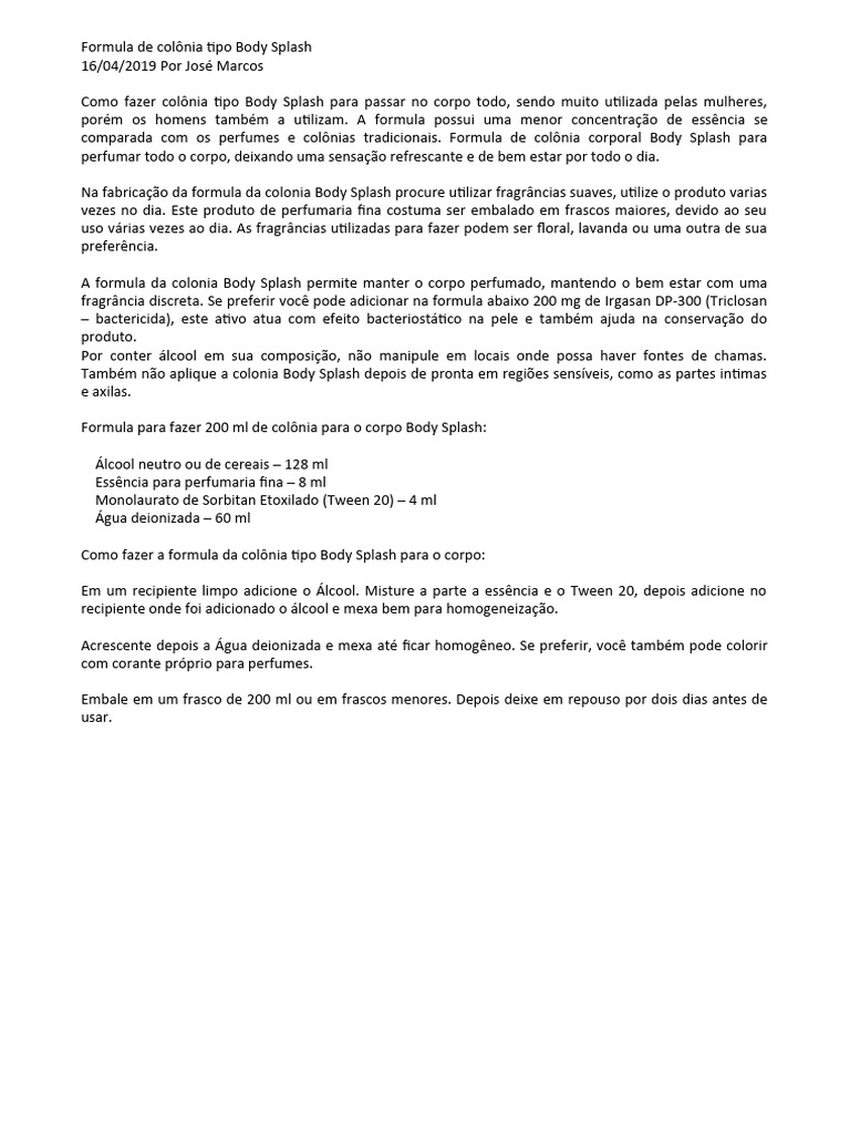 Formula De Col nia Tipo Body Splash PDF