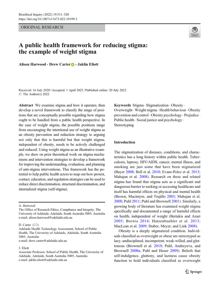 A public health framework for reducing stigma- the example of weight ...