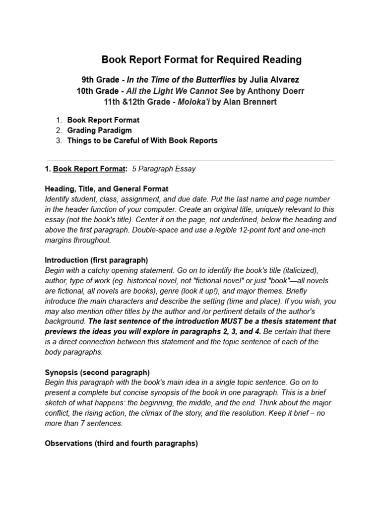 Book Report Formatfor Required Reading | PDF | Paragraph | Essays