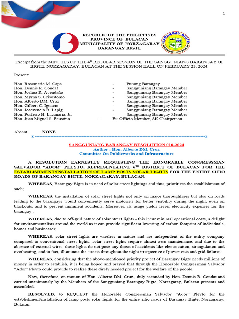 Reso 2024-010 Solar Lights Cong Pleyto | Download Free PDF ...