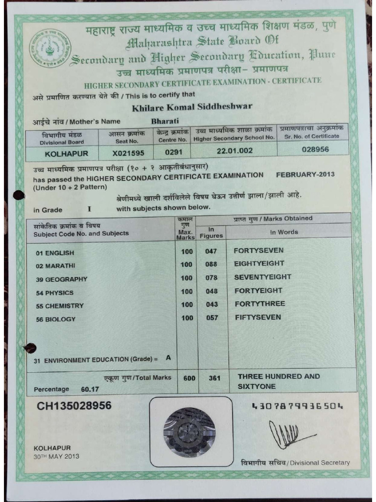 12th Passing Certificate | PDF