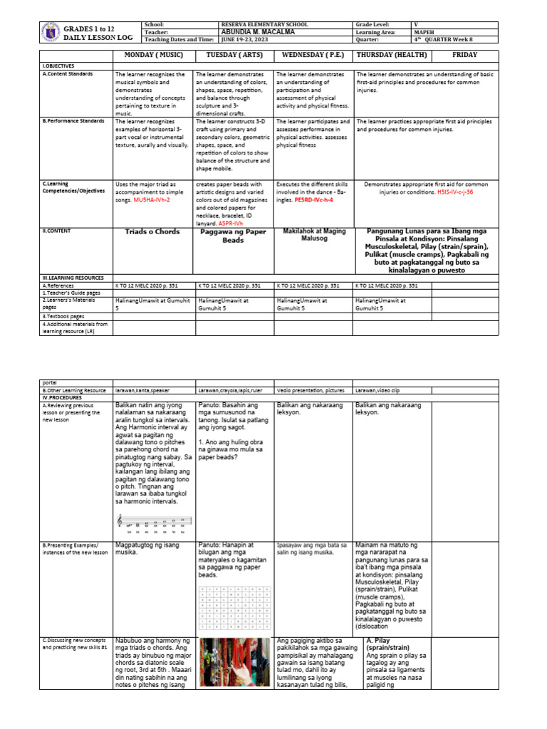 DLL - Mapeh 5 - Q4 - W8 | PDF | Learning | Harmony