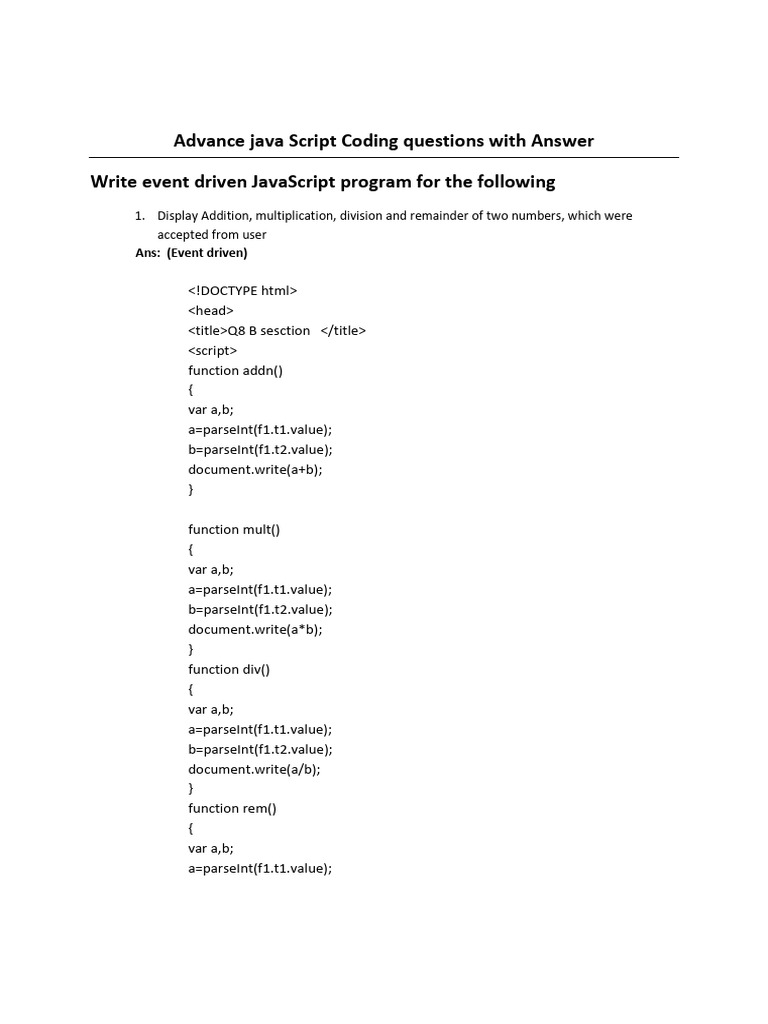 Advance Java Script Coding Questions With Answer | Download Free PDF | Computer Programming ...