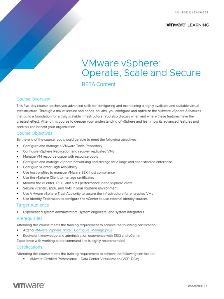 VMware VMware Vsphere Operate Scale and Secure V8 - BETA | PDF | Virtual Machine | Computing