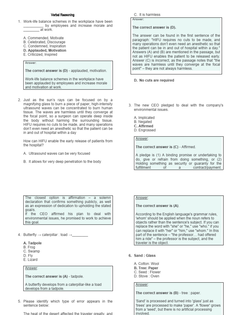 Verbal Reasoning Answer Key | PDF