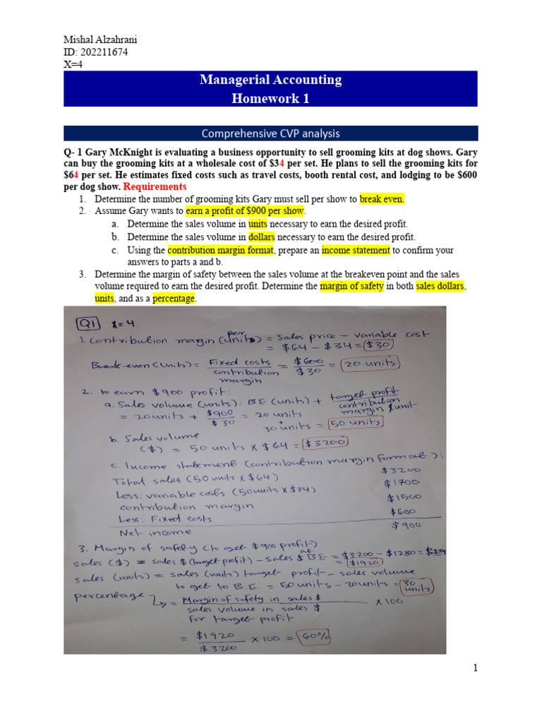 Managerial Accounting Homework 1 Comprehensive CVP Analysis | PDF | Financial Economics | Economics