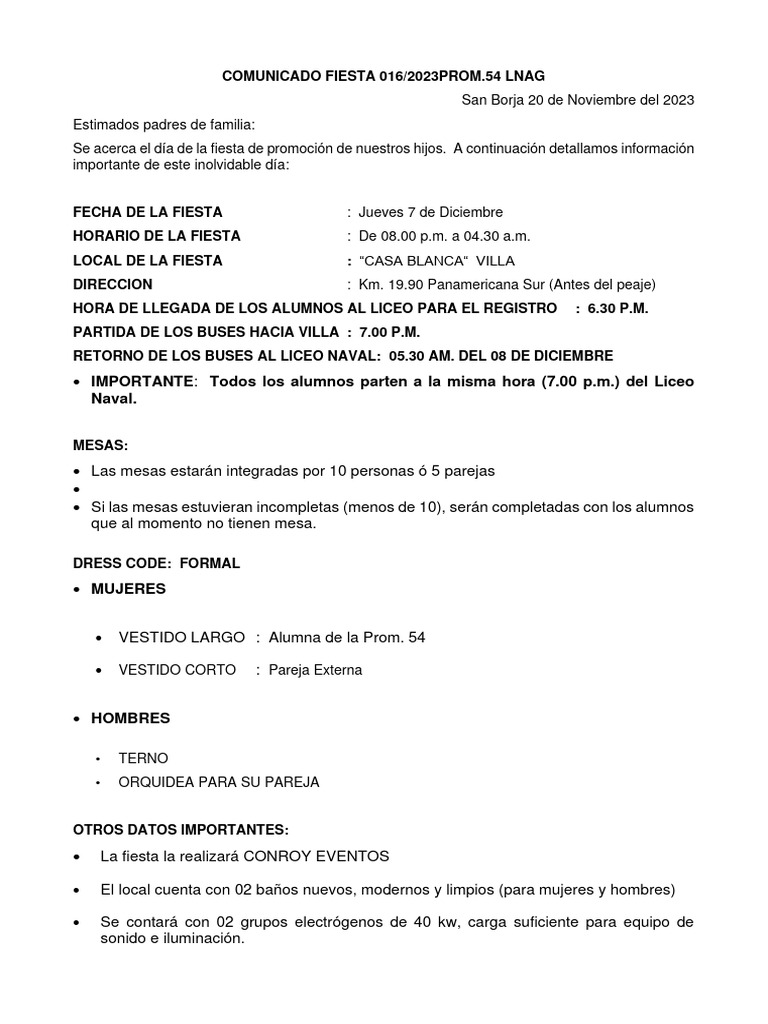 Comunicado Final Fiesta Prom | PDF | Hogar, jardinería y bricolaje