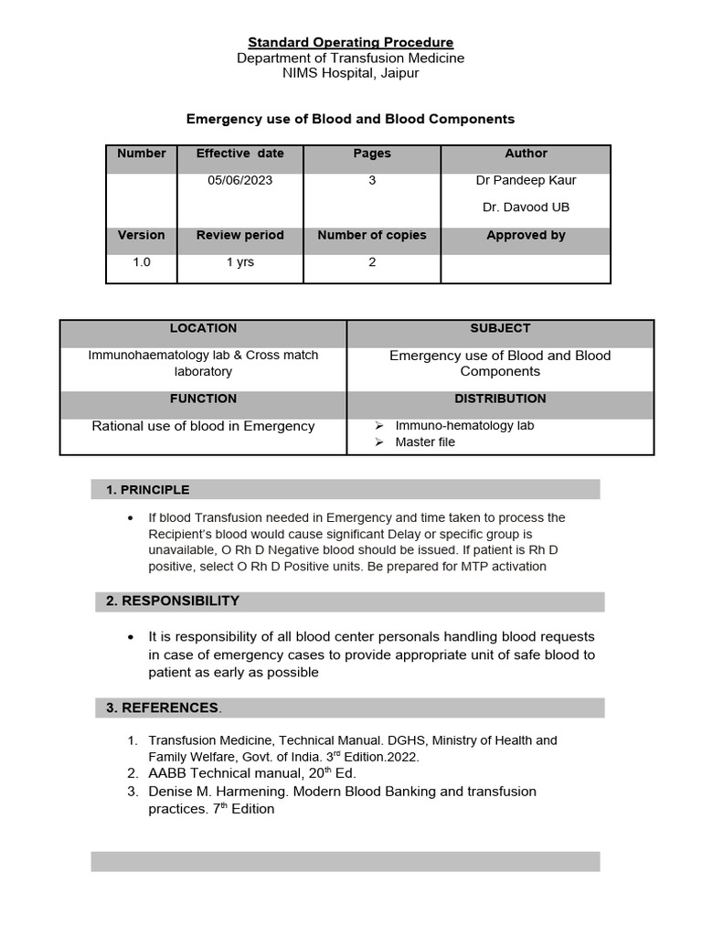 Emergency Use of Blood Sop1 | Download Free PDF | Blood Transfusion ...