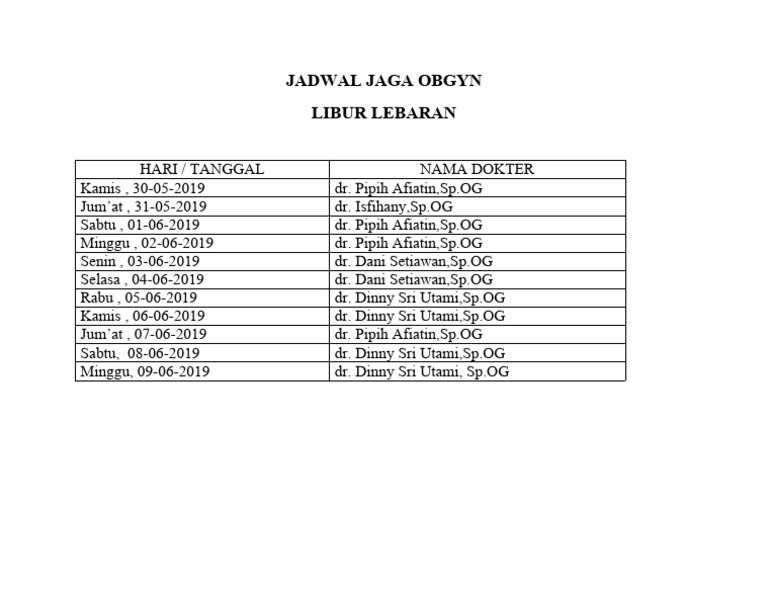 Jadwal Jaga Obgyn Lebaran | PDF