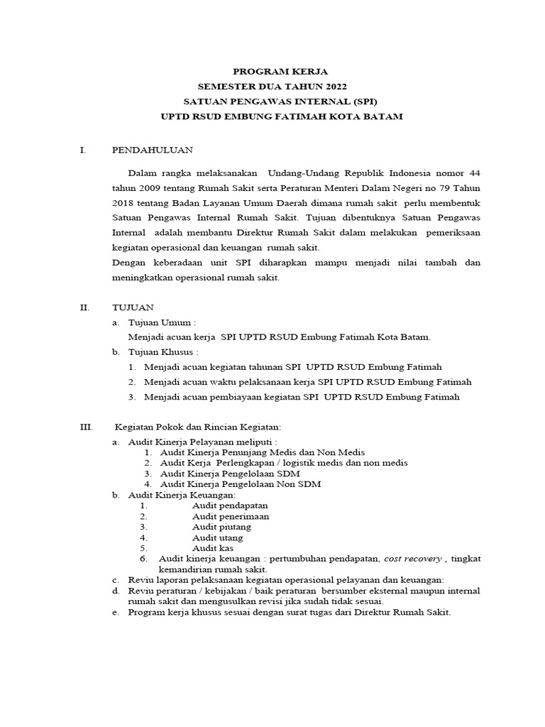 Program Kerja Spi Uptd Rsud Embung Fatimah 2022 | PDF