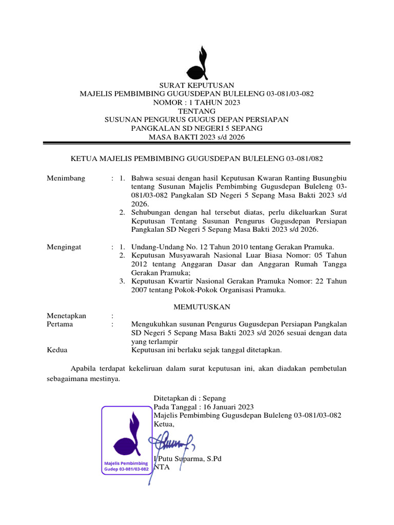 Susunan Pengurus Gudep SD 2023-2026 | PDF