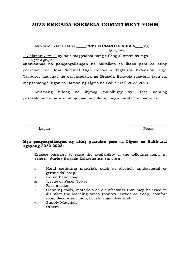 2022 Brigada Eskwela Commitment Form | PDF
