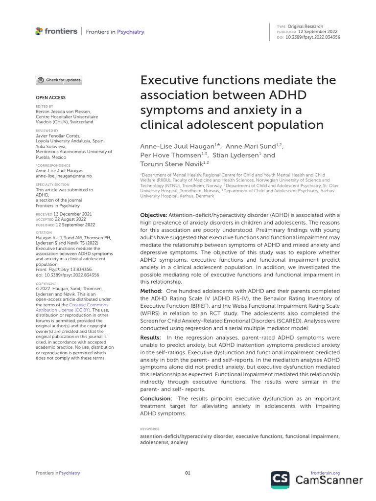 Executive Functions Mediate The Association Between ADHD Symptoms and Anxiety in A Clinical ...