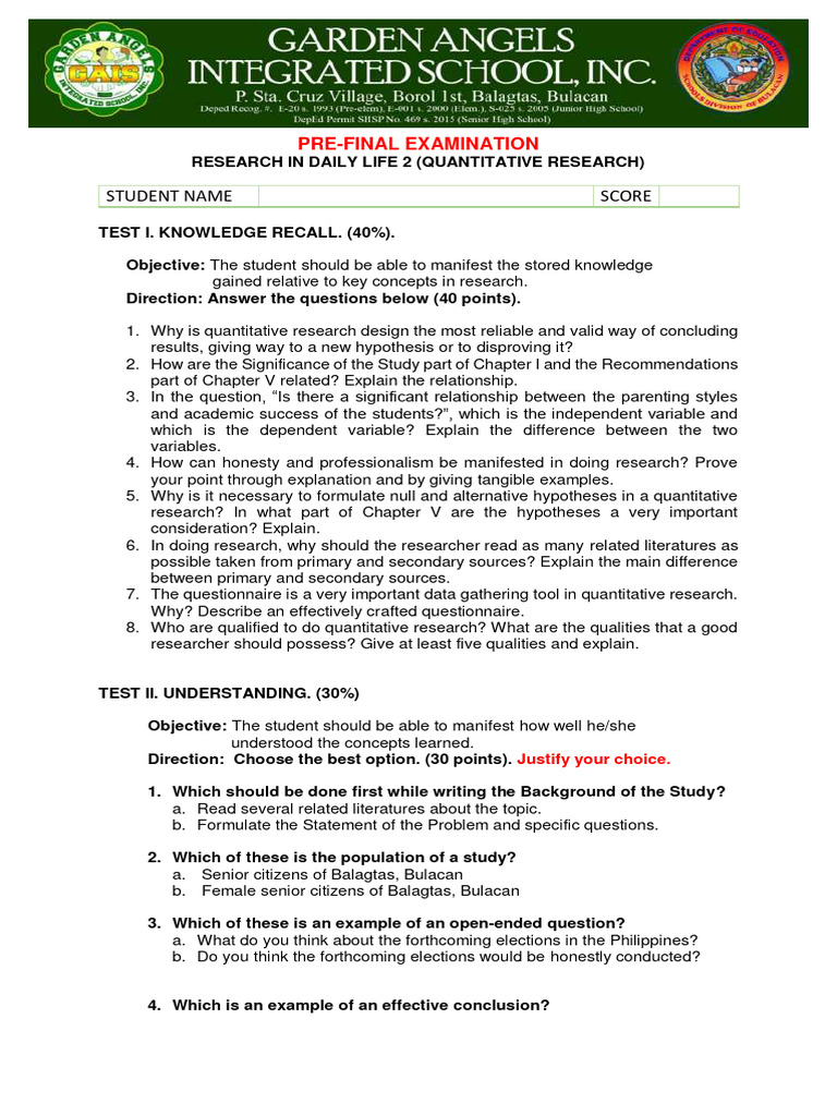 Quantitative Research Examination Guide | PDF | Quantitative Research ...