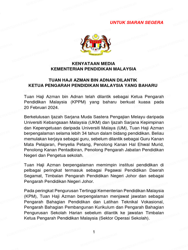 KM KPM Tuan Haji Azman Bin Adnan Dilantik Ketua Pengarah Pendidikan | PDF