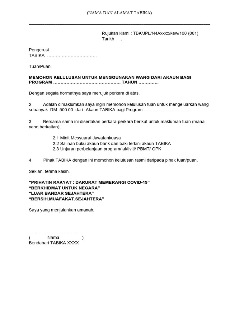 Contoh Surat Permohonan Pengeluaran Wang TABIKA | PDF