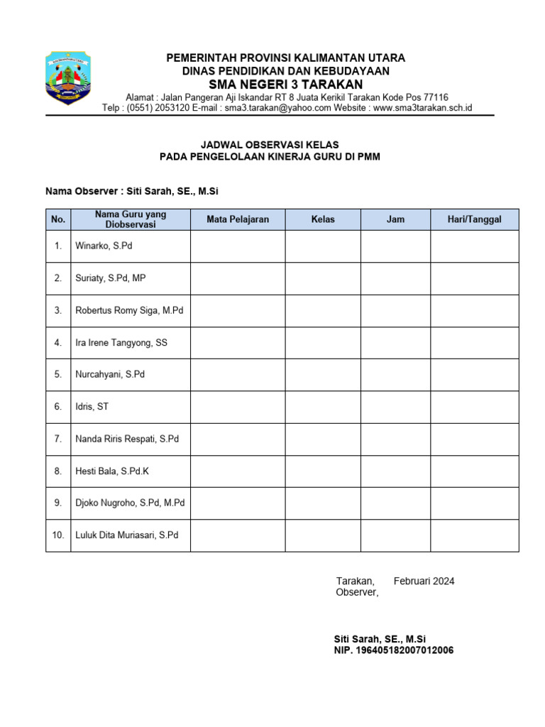 Jadwal Observasi Kinerja Guru 2024 | PDF