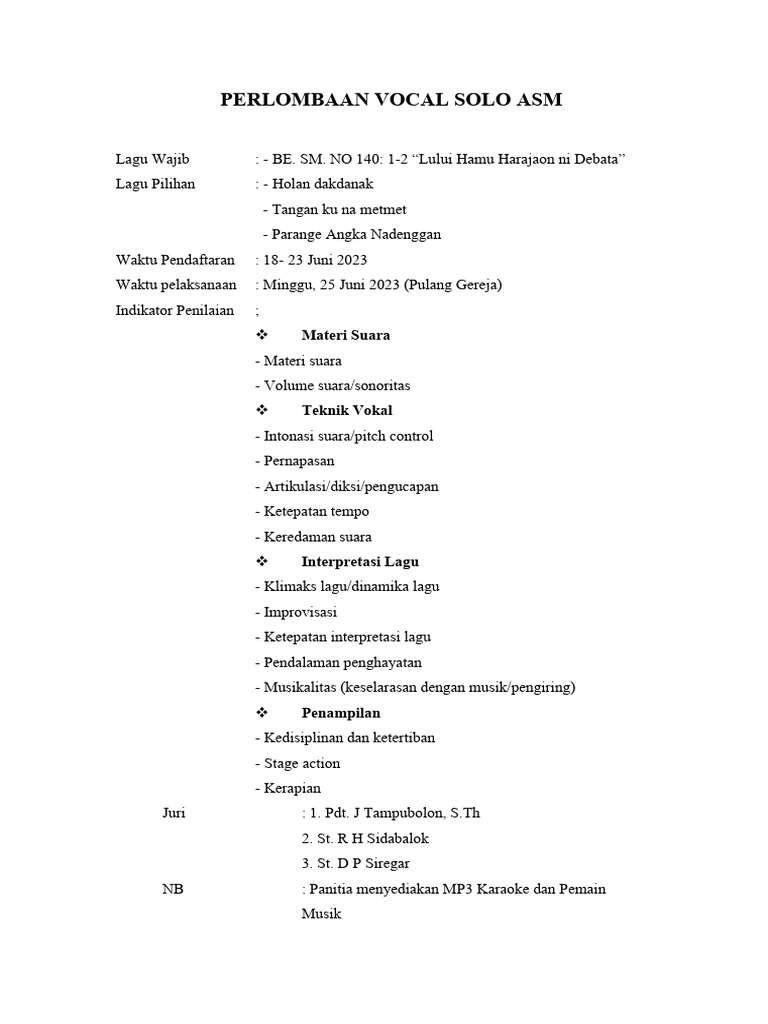 PERLOMBAAN VOCAL SOLO ASM 25 Juni 2023 | PDF