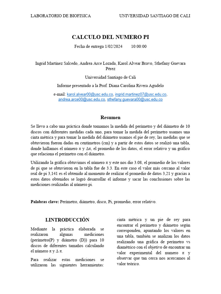 Calculo Del Numero Pi Word Pdf Pi Medición