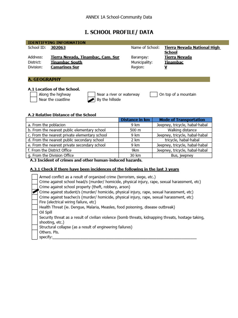 Annex 1a School-Community Data Template3 | PDF | Natural Disasters | Hazards