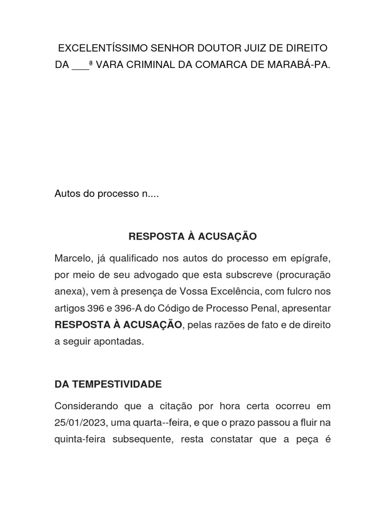 Modelo de Peça - Resposta À Acusação | PDF | Roubo | Justiça