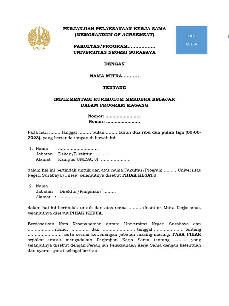 DRAF CONTOH MoA Magang | PDF