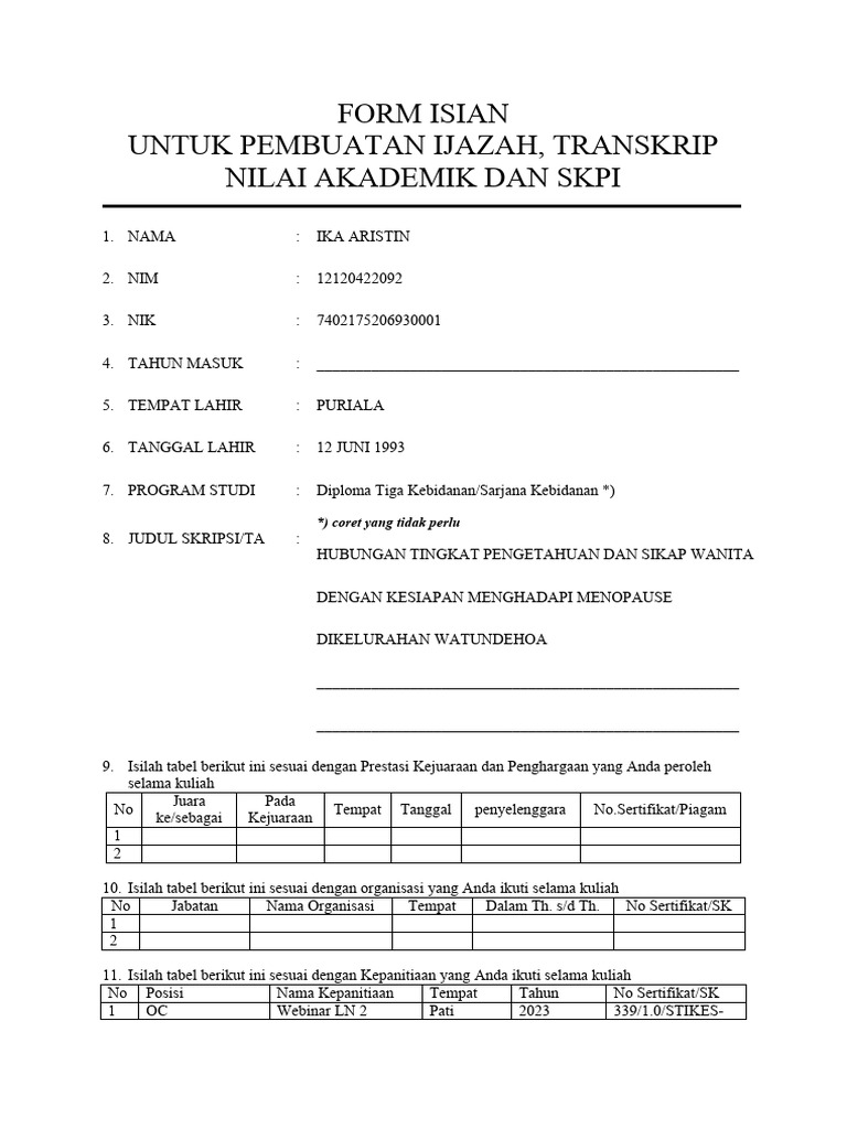 Formulir Isian Ijazah, Transkrip Akademik, Dan SKPI Ika | PDF
