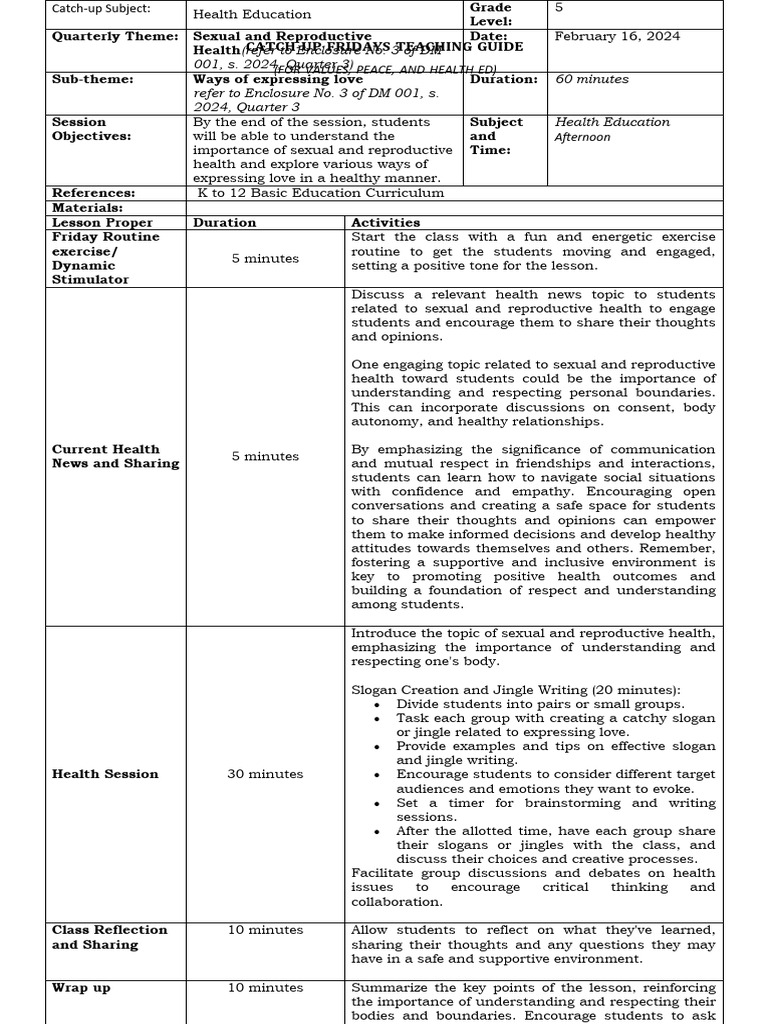 GRADE 5 -Health ed catch-up plan | PDF | Health Education | Thought