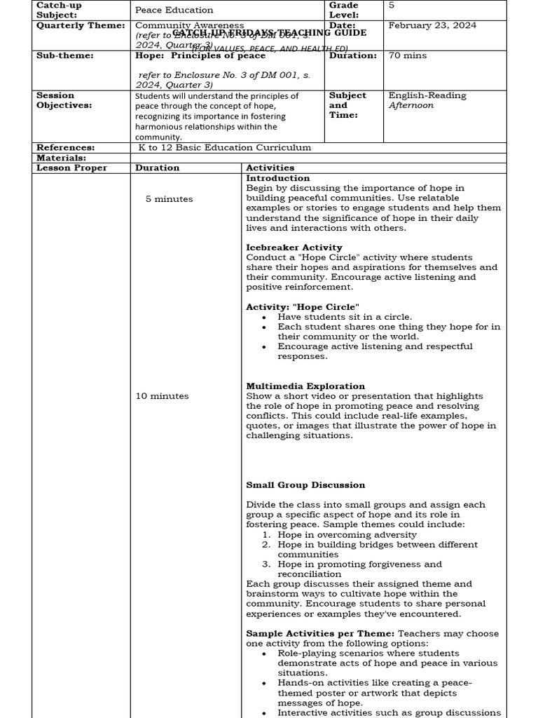 GRADE 5-Peace and Val Ed Catch-Up Plan | PDF | Peace | Teachers
