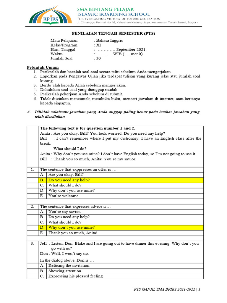 Naskah Soal PTS - Bahasa Inggris XI - 2021-2022 | Download Free PDF | Learning | Language Education
