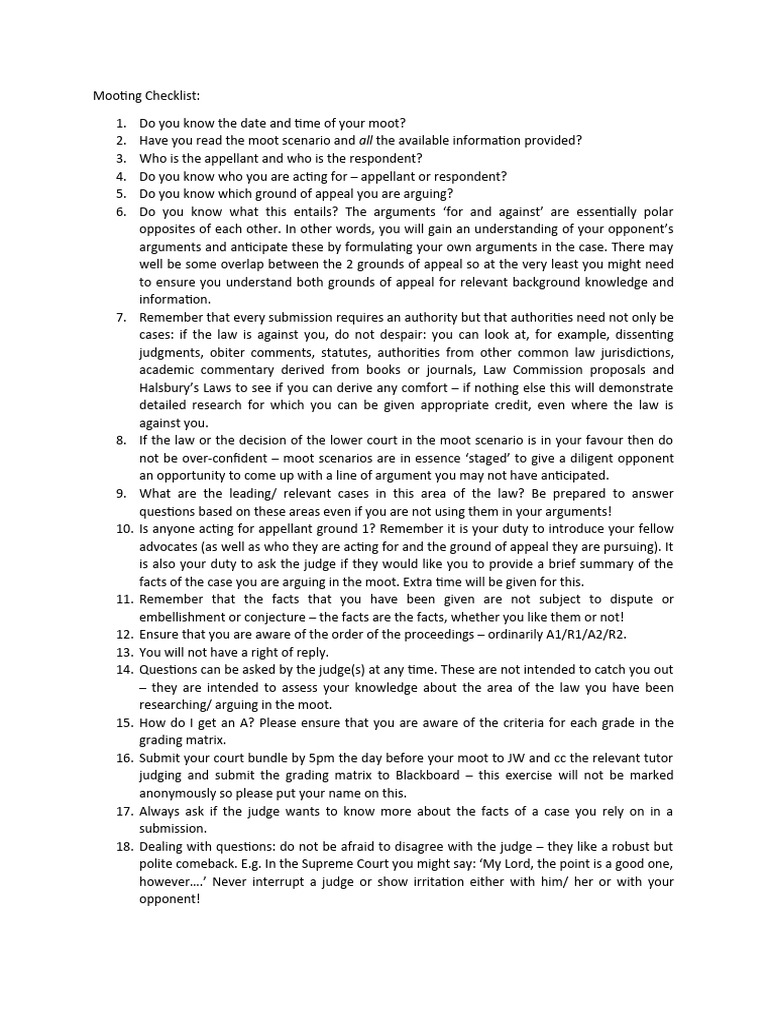 Mooting Checklist PLSE 2024 | PDF | Appeal | Mootness