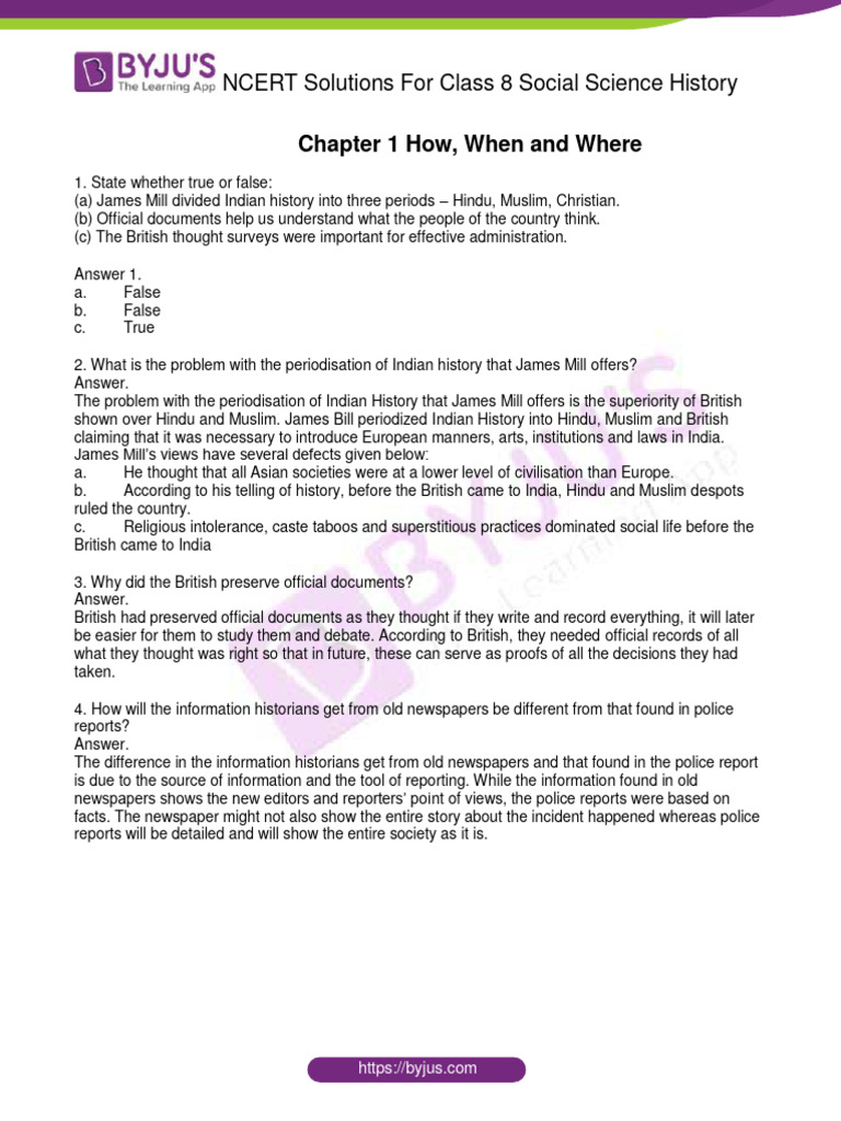 NCERT Solutions For Class 8 Social Science History Chapter 1 How When and Where | PDF