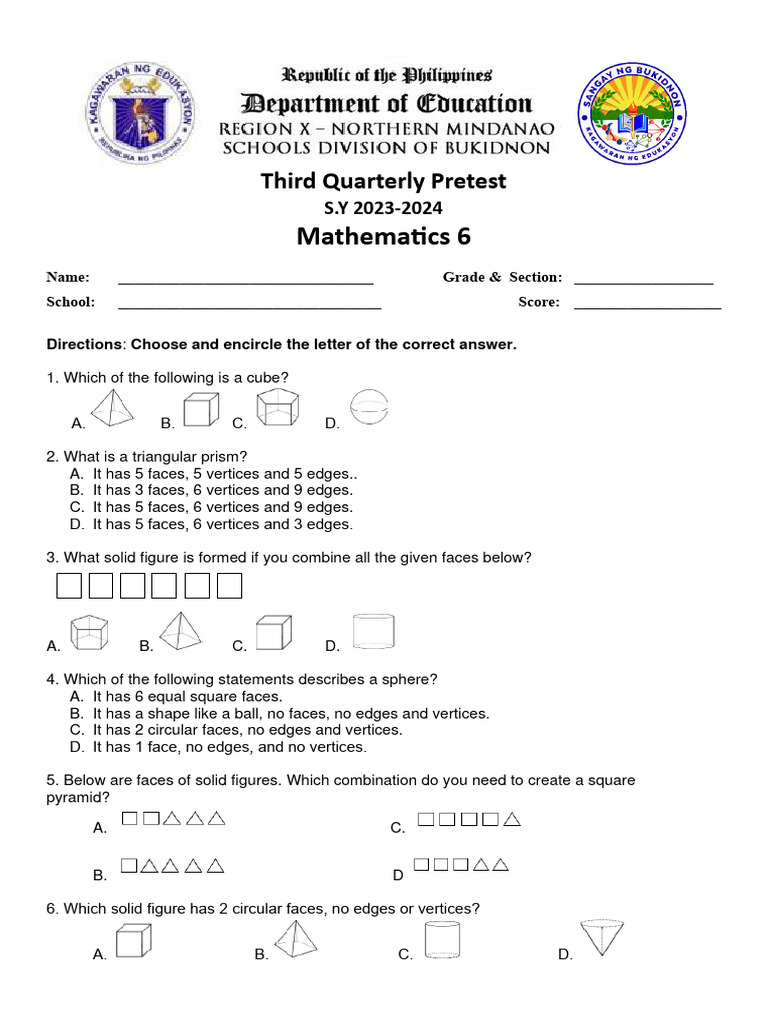 Math 6 Third Quarterly Pretest 2023-2024 | PDF | Area | Speed