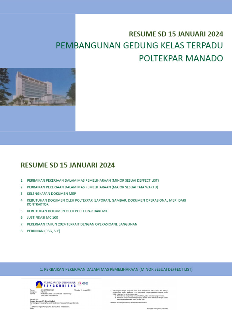 RESUME SD 15 JANUARI 2024 PEKERJAAN TAHUN 2023 Rev1 | PDF