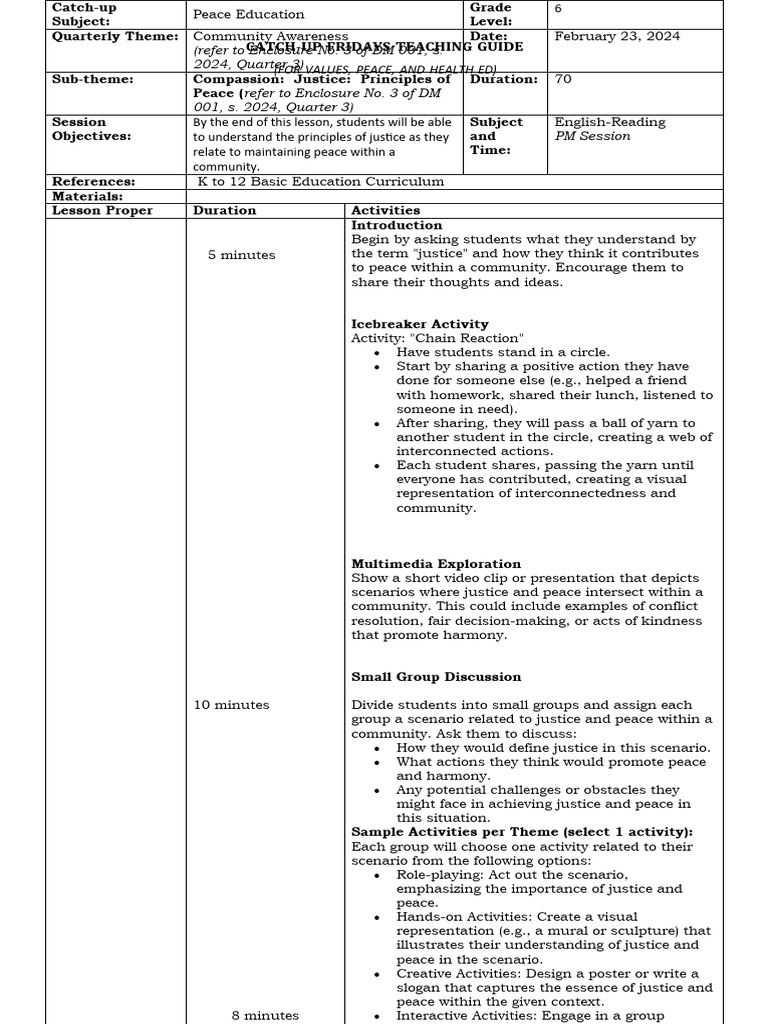 GRADE 6-Peace and Val Ed Catch-Up Plan | PDF | Justice | Crime & Violence