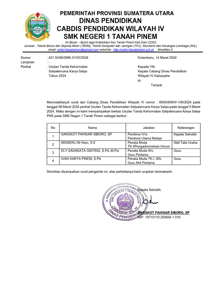 Surat Pengantar Usulan Tanda Kehormatan Satyalancana Karya Satya Tahun ... Surat Pengantar Usulan Tanda Kehormatan Satyalancana Karya Satya Tahun ...