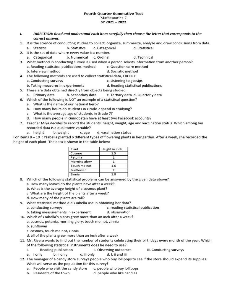 Fourth Quarter Summative Test FINAL | PDF | Categorical Variable ...
