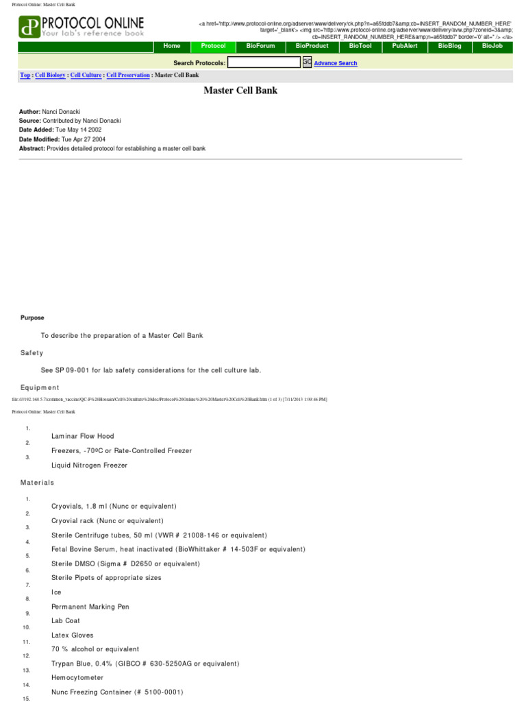 Protocol Online Master Cell Bank | PDF | Cell Culture | Biology