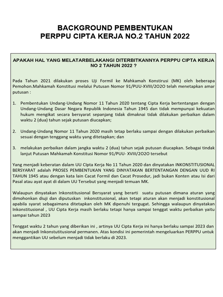 Proses Pembentukan Perppu Cipta Kerja | PDF