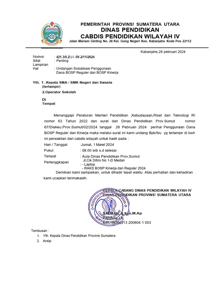 Undangan Sosialisasi Dana BOSP 2024 | PDF